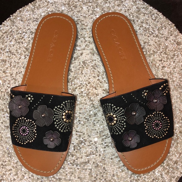 Coach | Shoes | Coach Tea Rose Flat Slip On Rivet Sandal Slides | Poshmark